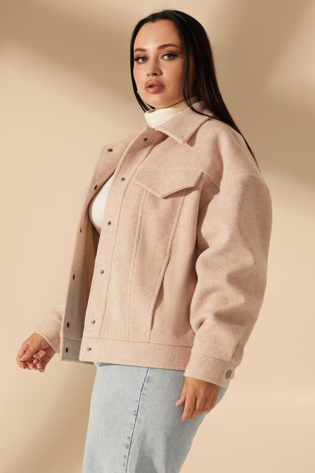 Buy Beige and milky short jacket made of coating fabric plus size ...